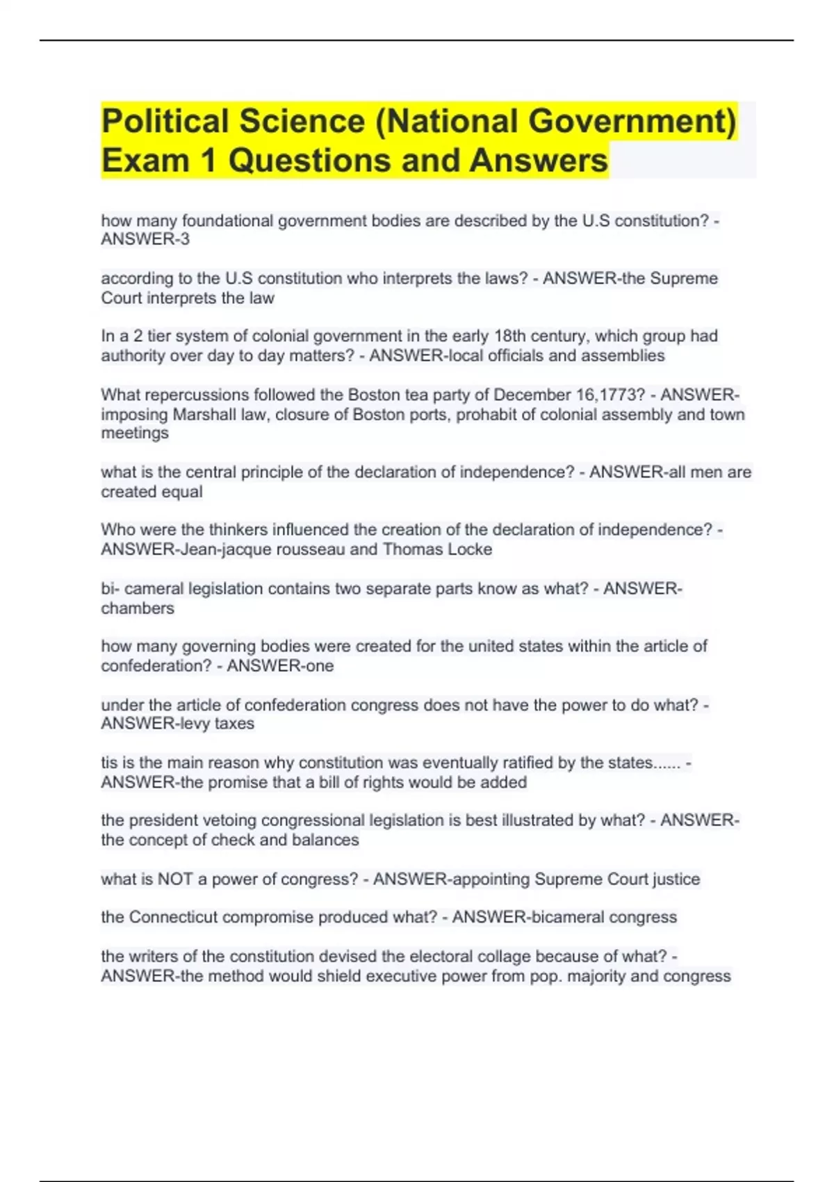 Political Science (National Government) Exam 1 Questions and Answers ...