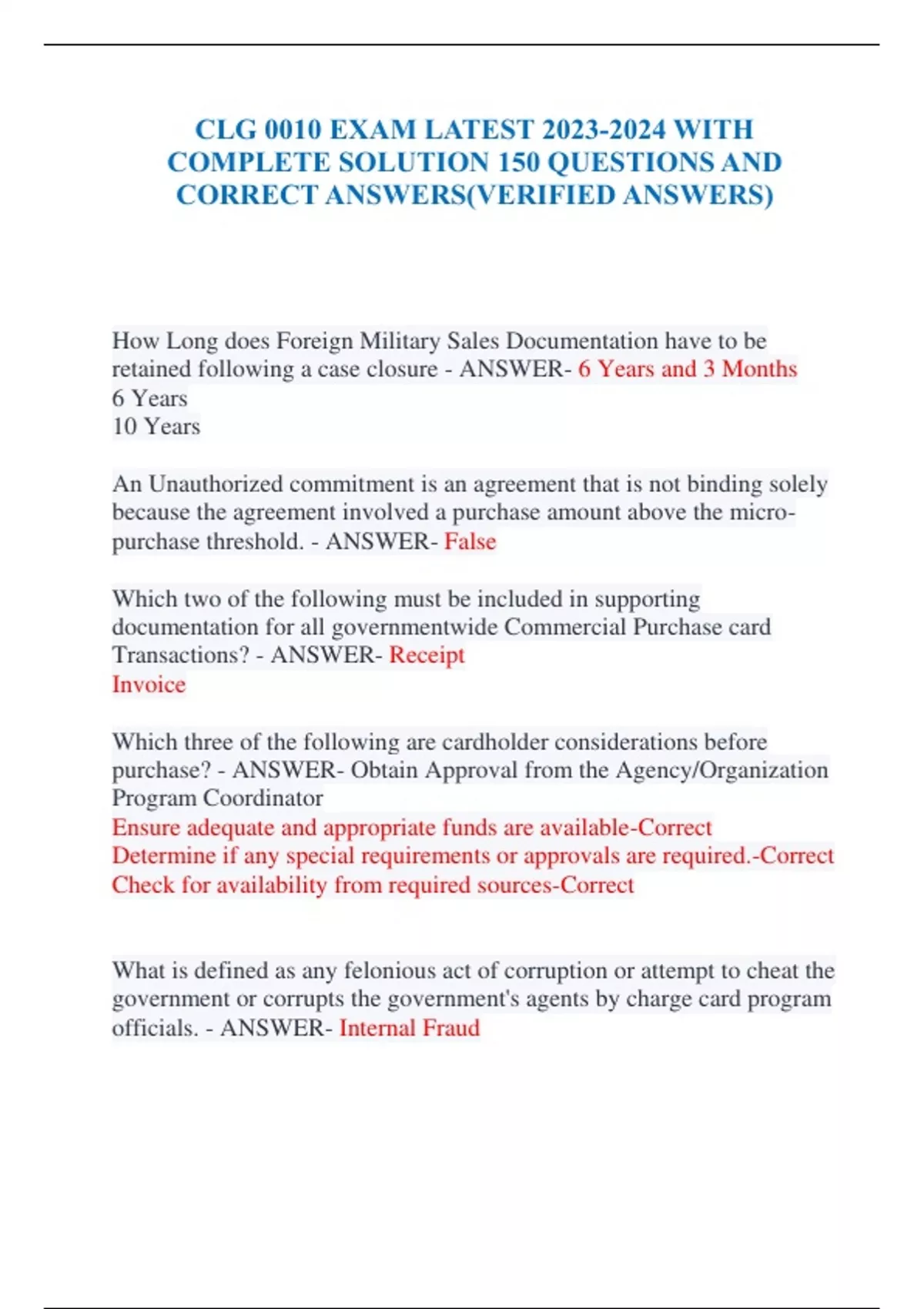 CLG 0010 EXAM LATEST WITH COMPLETE SOLUTION 150 QUESTIONS AND CORRECT ...