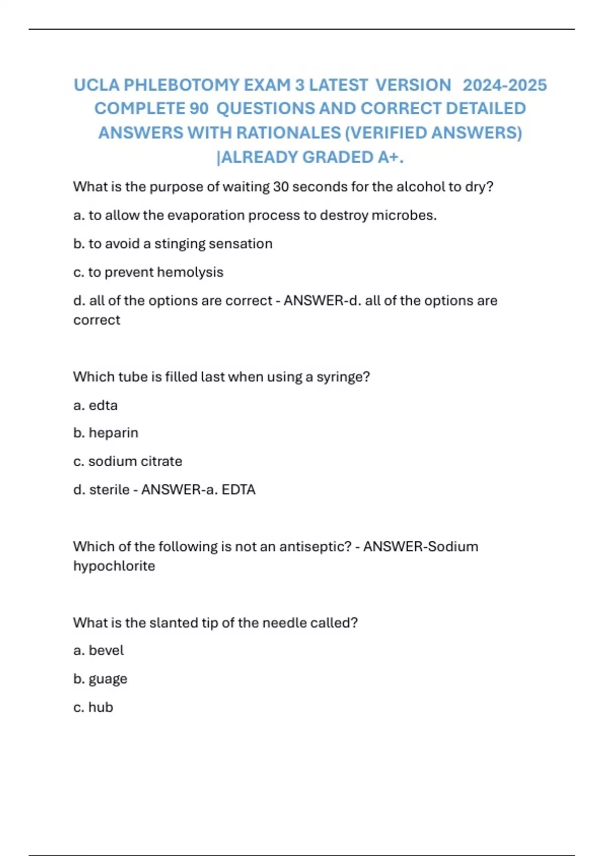 UCLA PHLEBOTOMY EXAM 3 LATEST VERSION COMPLETE 90 QUESTIONS AND CORRECT ...