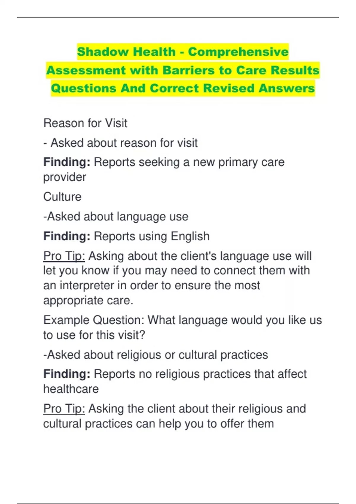 Shadow Health - Comprehensive Assessment with Barriers to Care Results ...