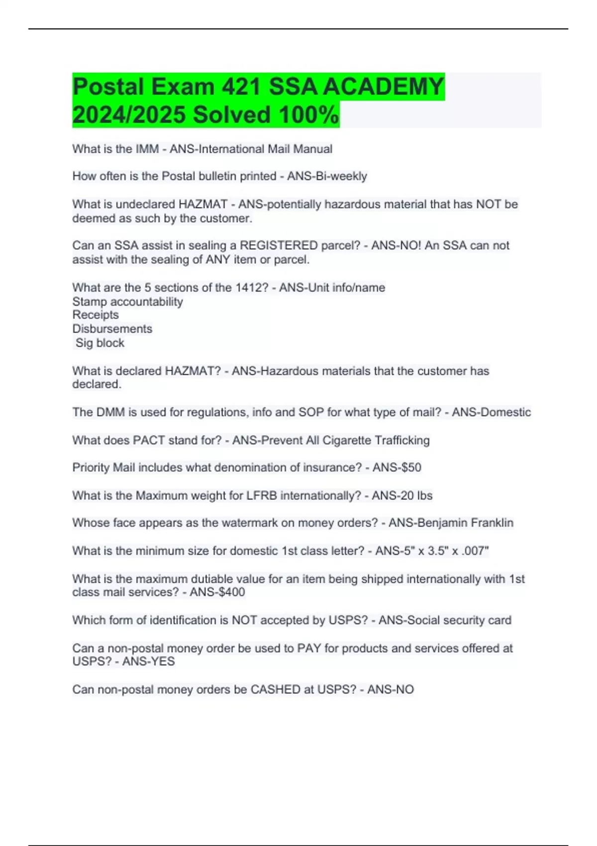 Postal Exam 421 SSA ACADEMY Solved 100% - USPS Window Clerk - Stuvia US