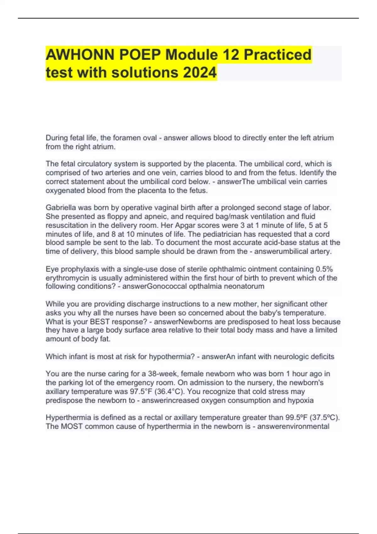 AWHONN POEP Module 12 Practiced test with solutions 2024 - AWHONN POEP ...