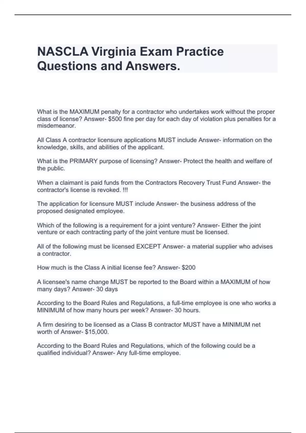 NASCLA Virginia Exam Practice Questions and Answers - NASCALA - Stuvia US