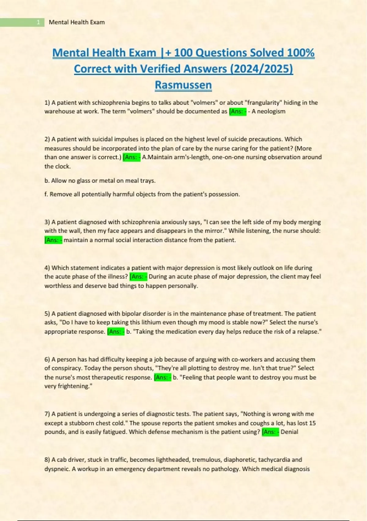 Mental Health Exam |+ 100 Questions Solved 100% Correct with Verified ...