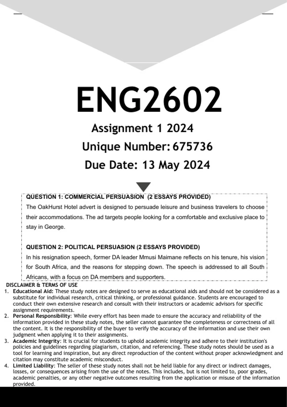 ENG2602 Assignment 1 (ANSWERS for Commercial & Political Persuasion ...
