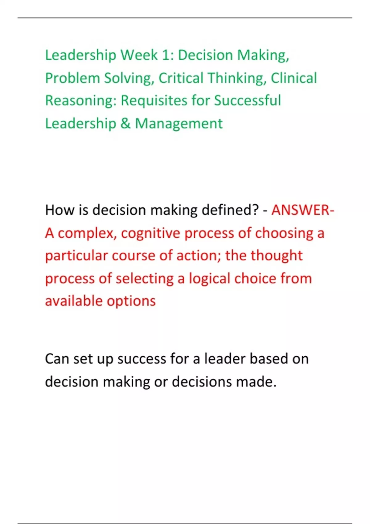 Leadership Week 1: Decision Making, Problem Solving, Critical Thinking ...