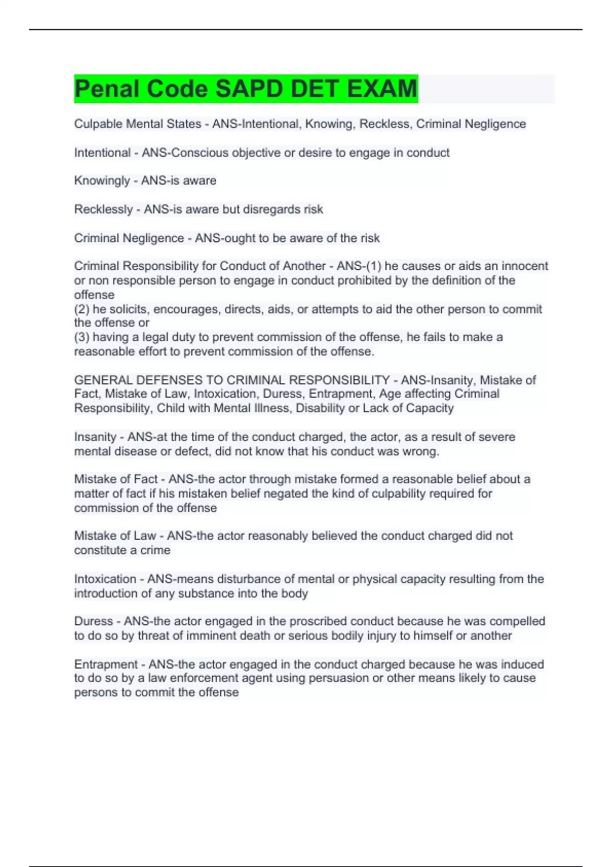 Penal Code SAPD DET EXAM - TEXAS PENAL CODE - Stuvia US