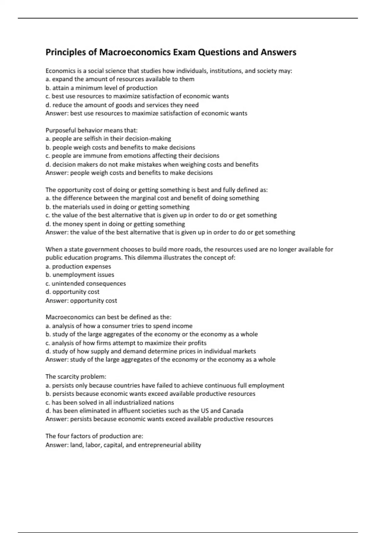 Principles Of Macroeconomics Exam Questions And Answers Principles Of Macroeconomics Stuvia Us