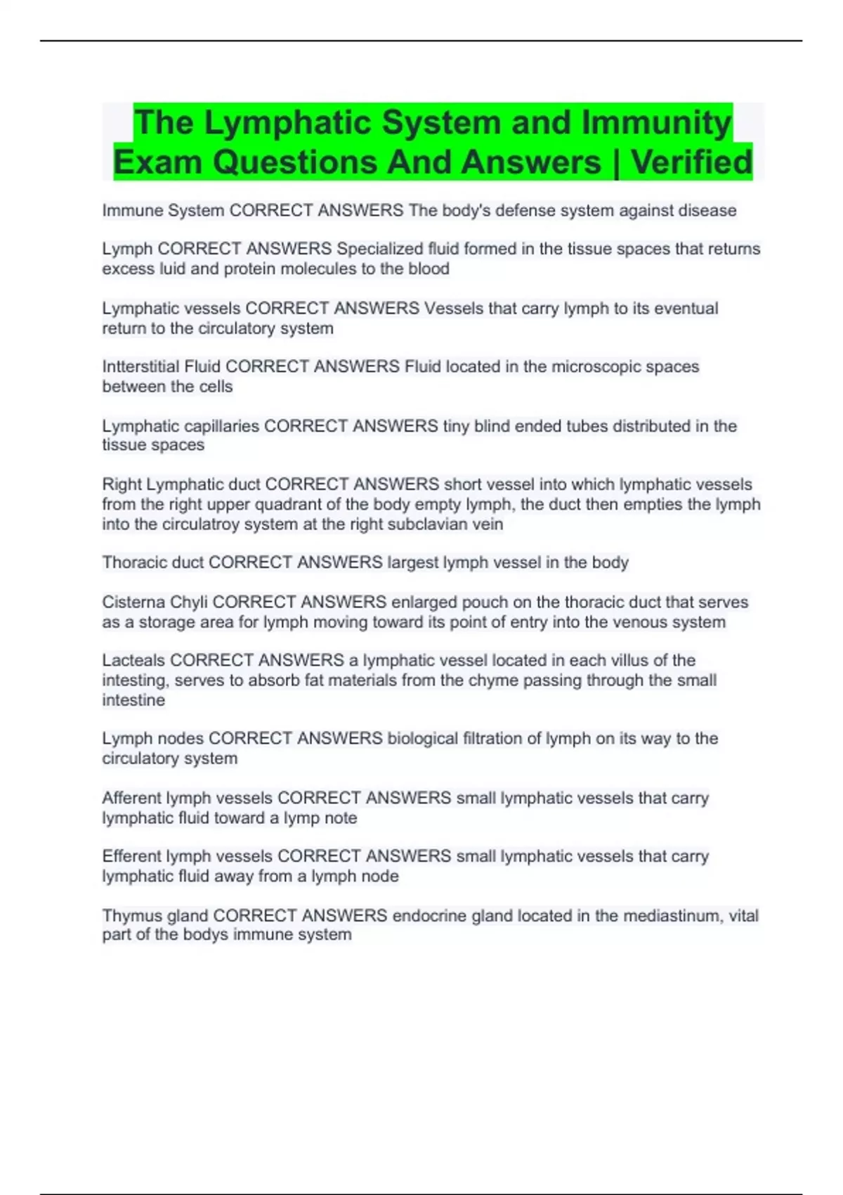 The Lymphatic System and Immunity Exam Questions And Answers | Verified ...