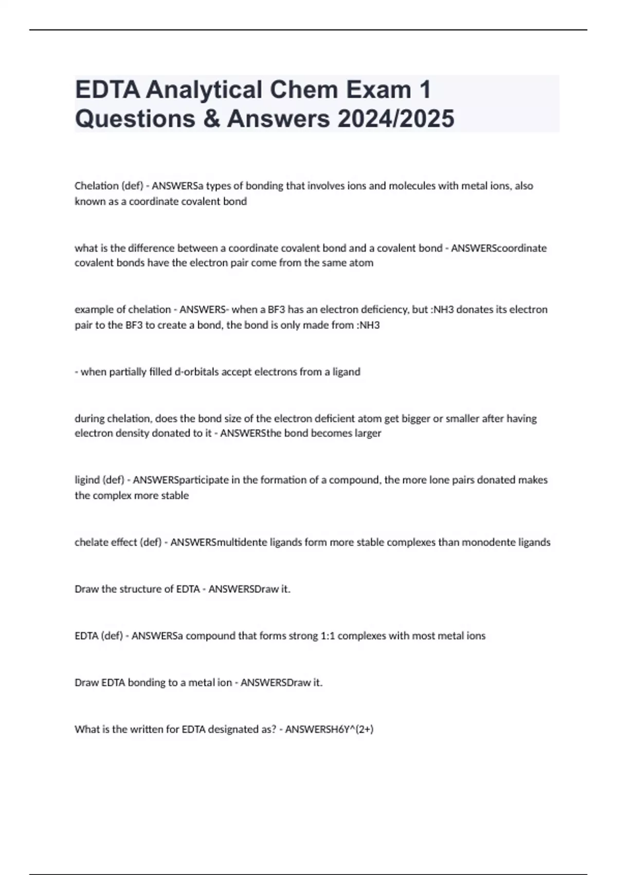 EDTA Analytical Chem Exam 1 Questions & Answers 2024/2025 - EDTA ...
