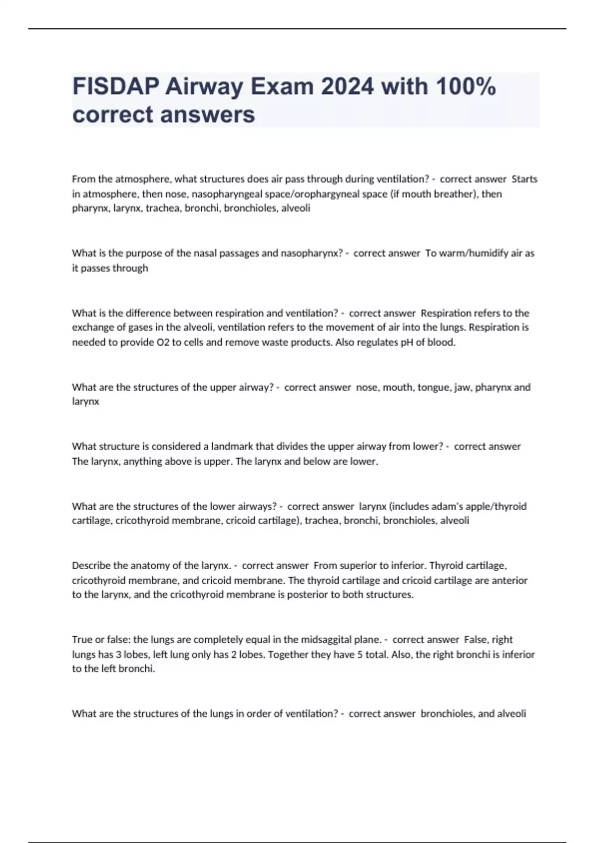 FISDAP Airway Exam 2024 Question and answers already passed - FISDAP ...