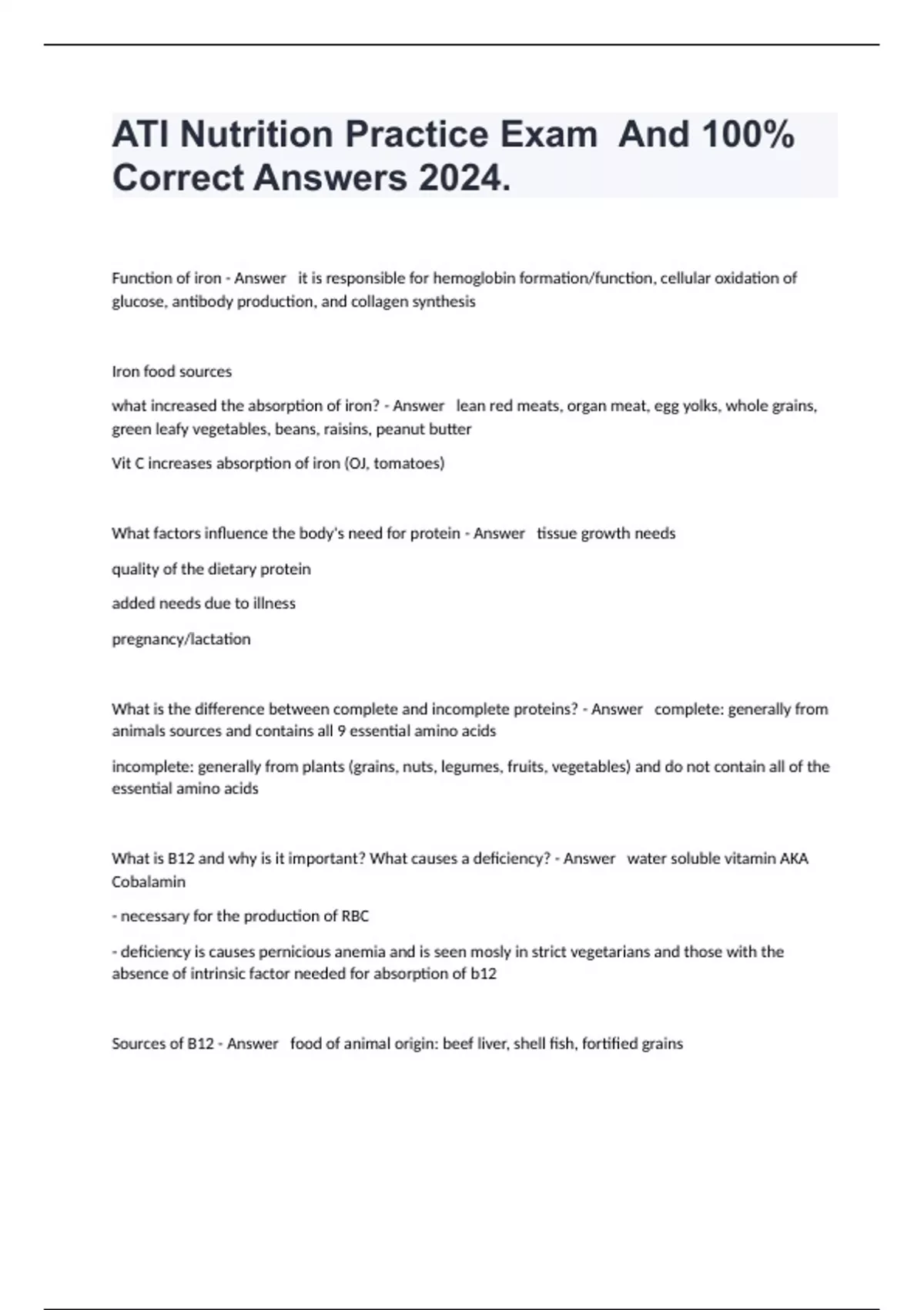 ATI Nutrition Practice Exam And 100% Correct Answers 2024. - ATI ...