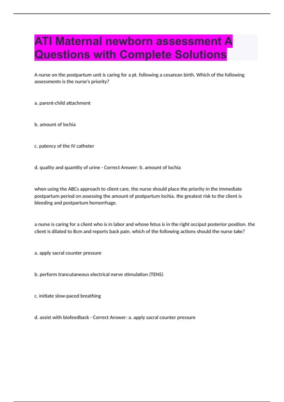 ATI Maternal newborn assessment A Questions with Complete Solutions ...