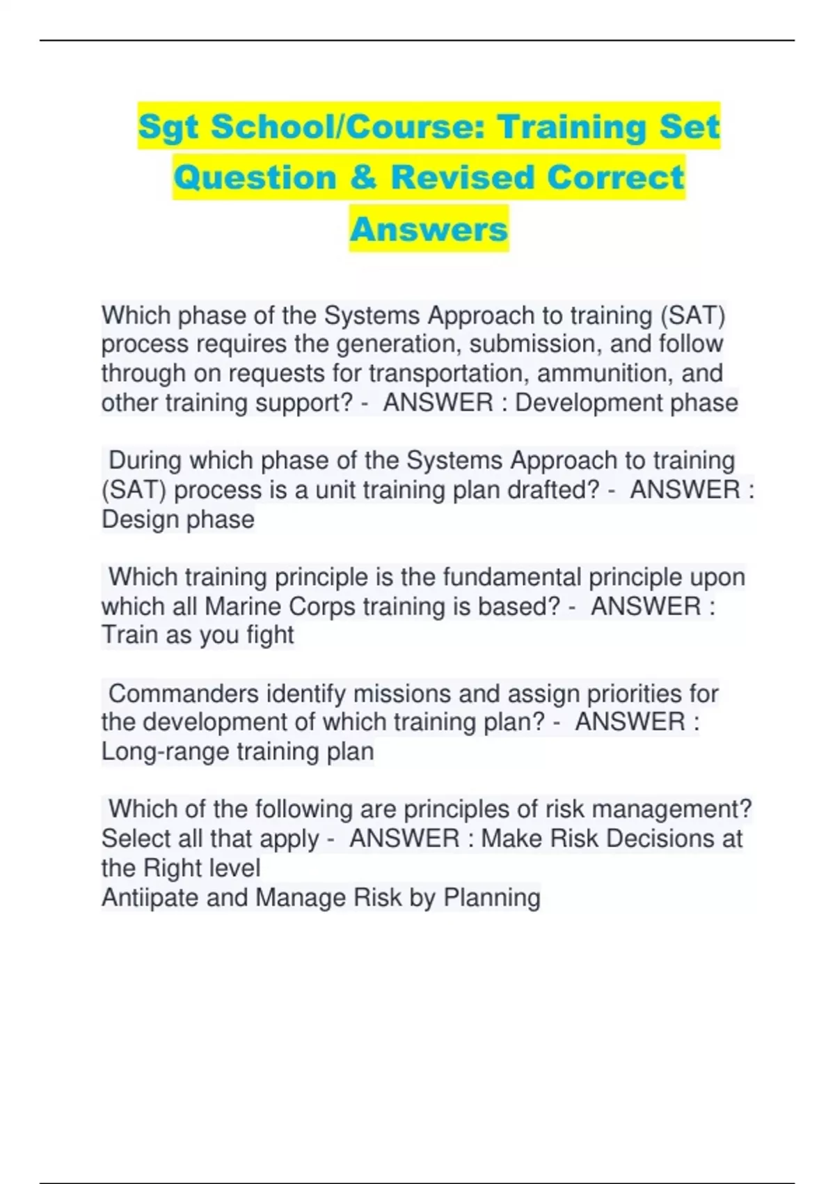 Sgt School/Course: Training Set Question & Revised Correct Answers ...