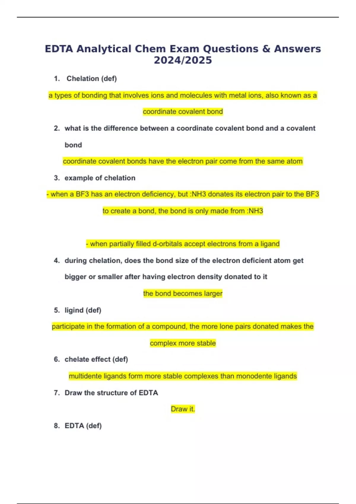 EDTA Analytical Chem Exam Questions & Answers 2024/2025 - Chemistry ...