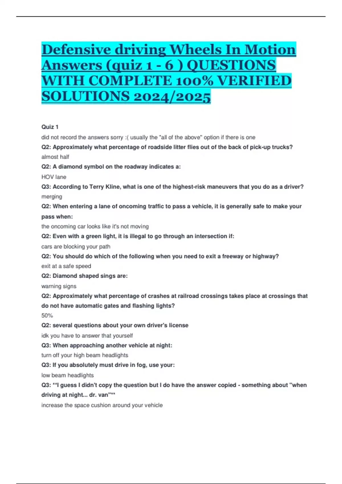 Defensive driving Wheels In Motion Answers (quiz 1 - 6 ) QUESTIONS WITH ...