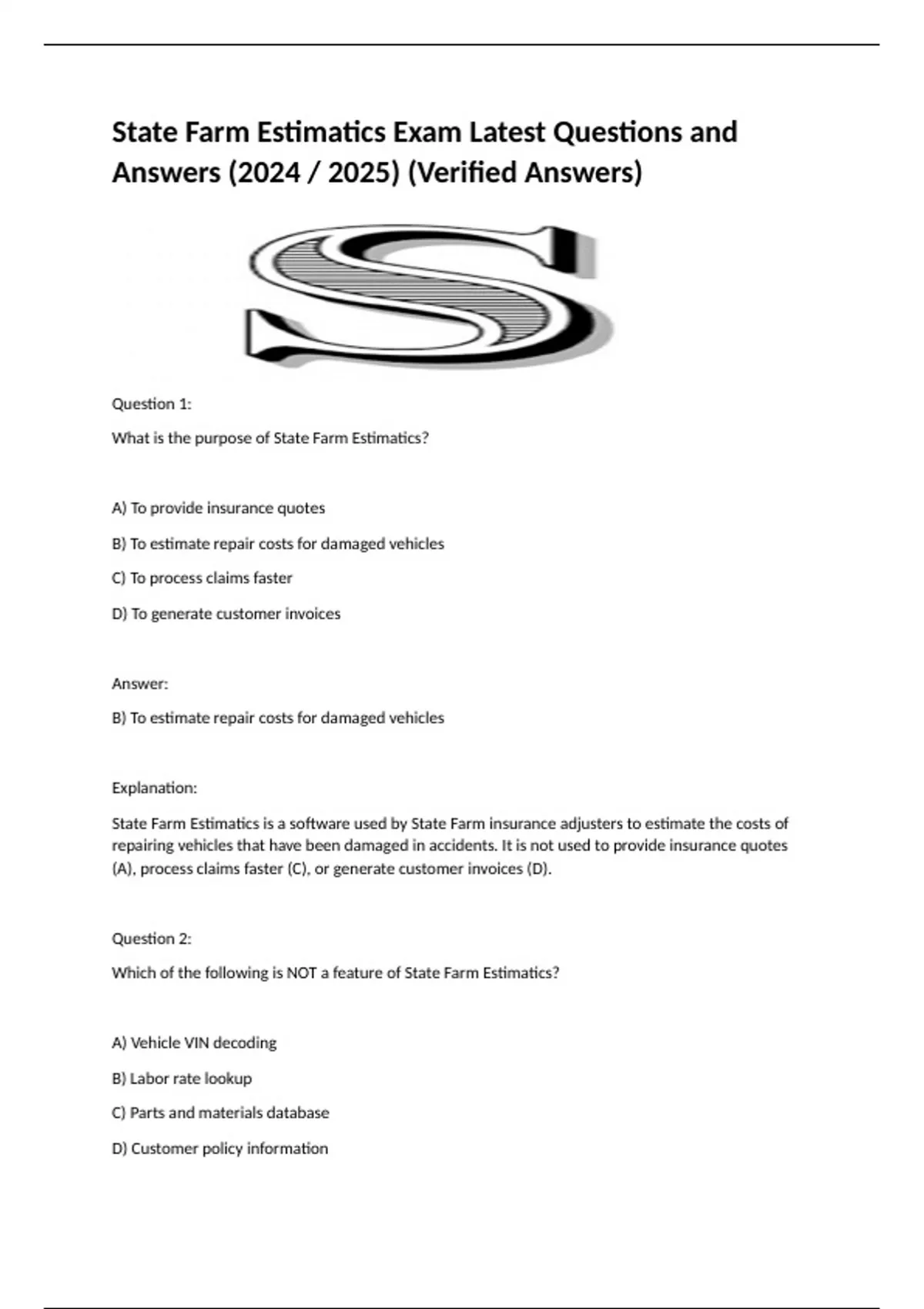 State Farm Estimatics Exam with 100 Questions, Answers and Explanations ...