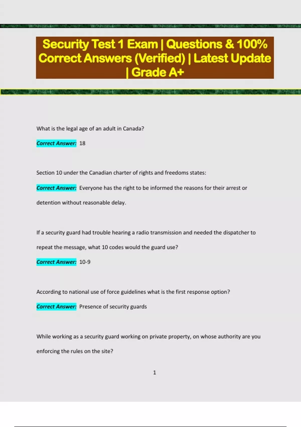 Security Test 1 Exam | Questions & 100% Correct Answers (Verified ...