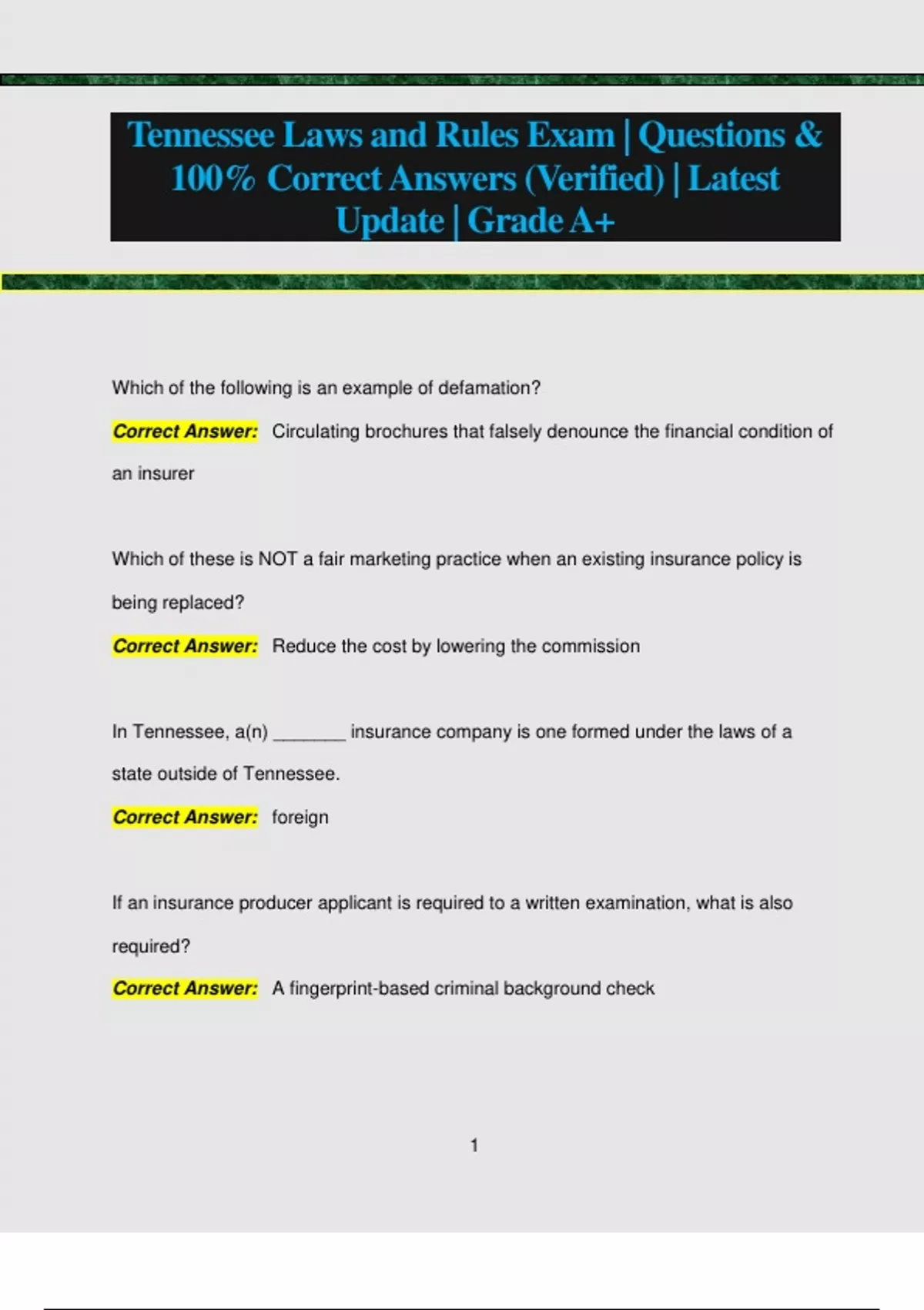 Tennessee Laws and Rules Exam | Questions & 100% Correct Answers ...