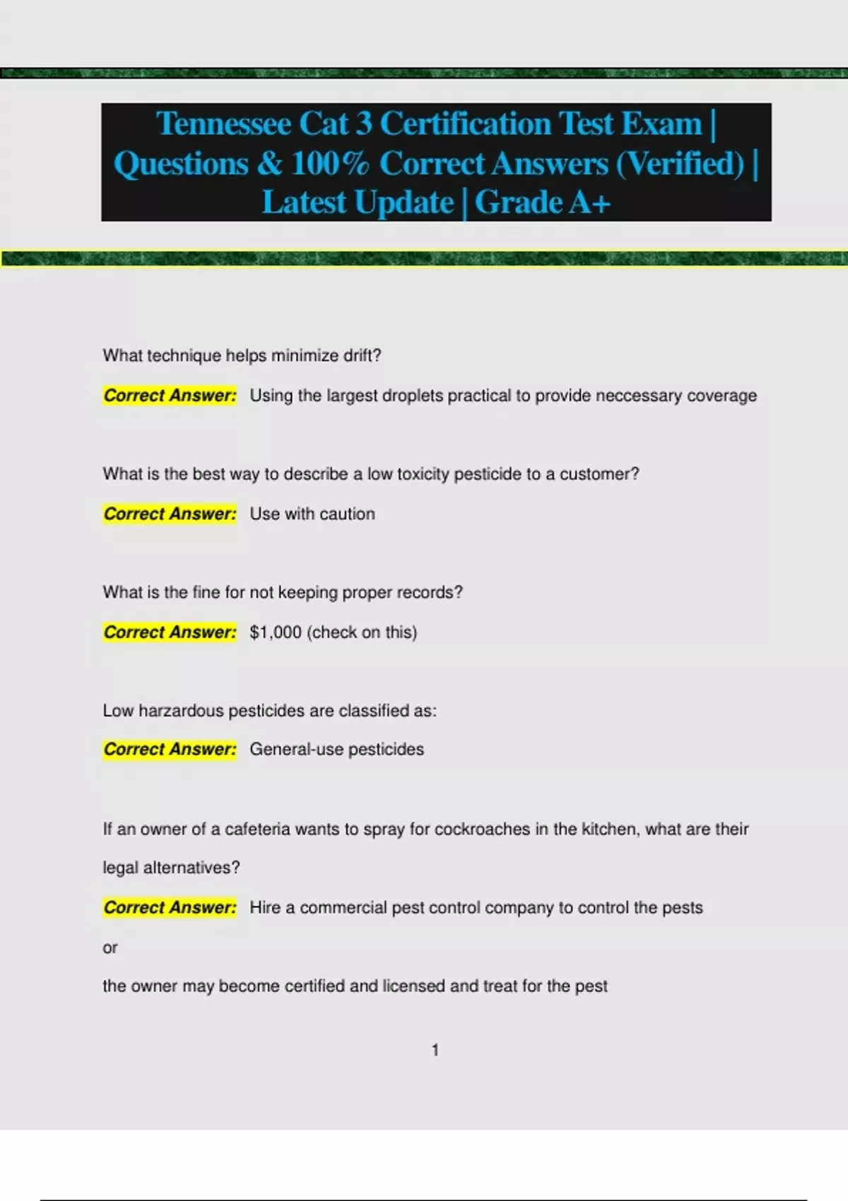 Tennessee Cat 3 and 7 Certification Test Exam | Questions & 100% ...