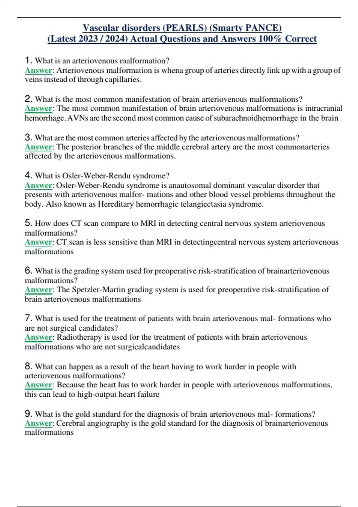 Vascular disorders (PEARLS) (Smarty PANCE) (Latest 2023 / 2024) Actual ...