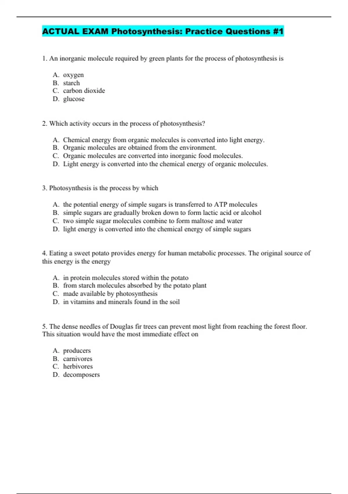 ACTUAL EXAM Photosynthesis: Practice Questions #1 - PLANT PHYSIOLOGY ...