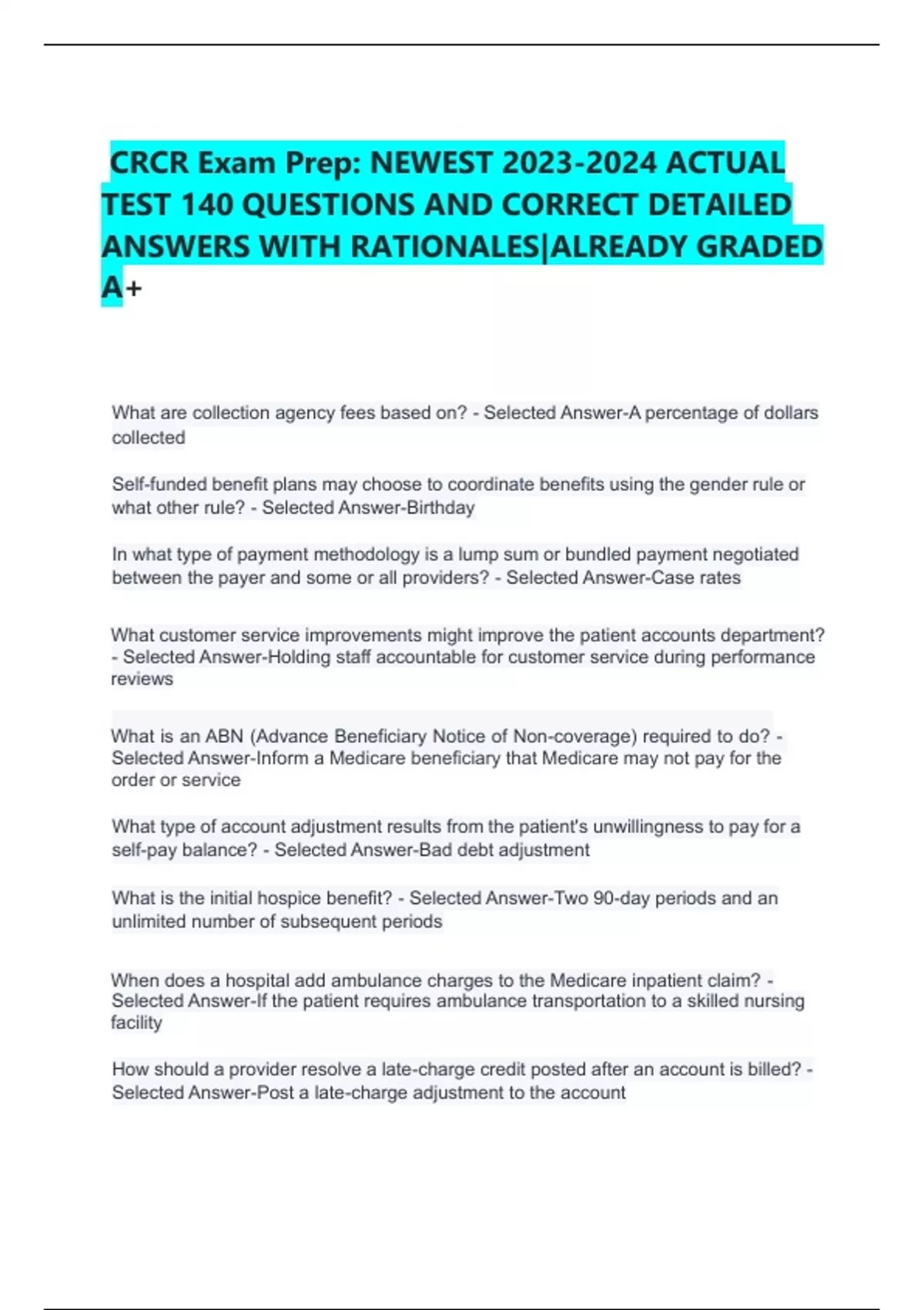 CRCR Exam Prep: NEWEST ACTUAL TEST 140 QUESTIONS AND CORRECT DETAILED ...