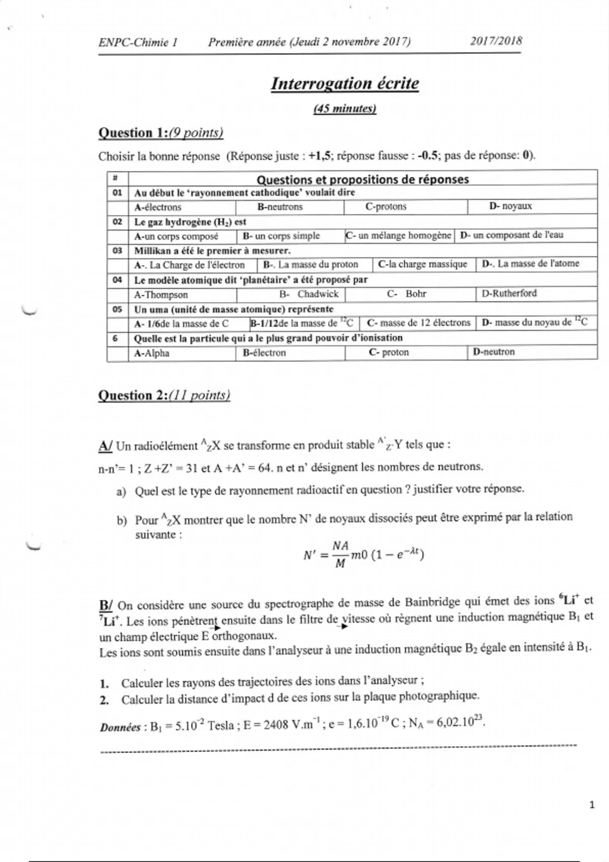 Interrogation avec solution _ Chimie 1_ ( 3 exercices ) Contient radioactivité - Structure ...