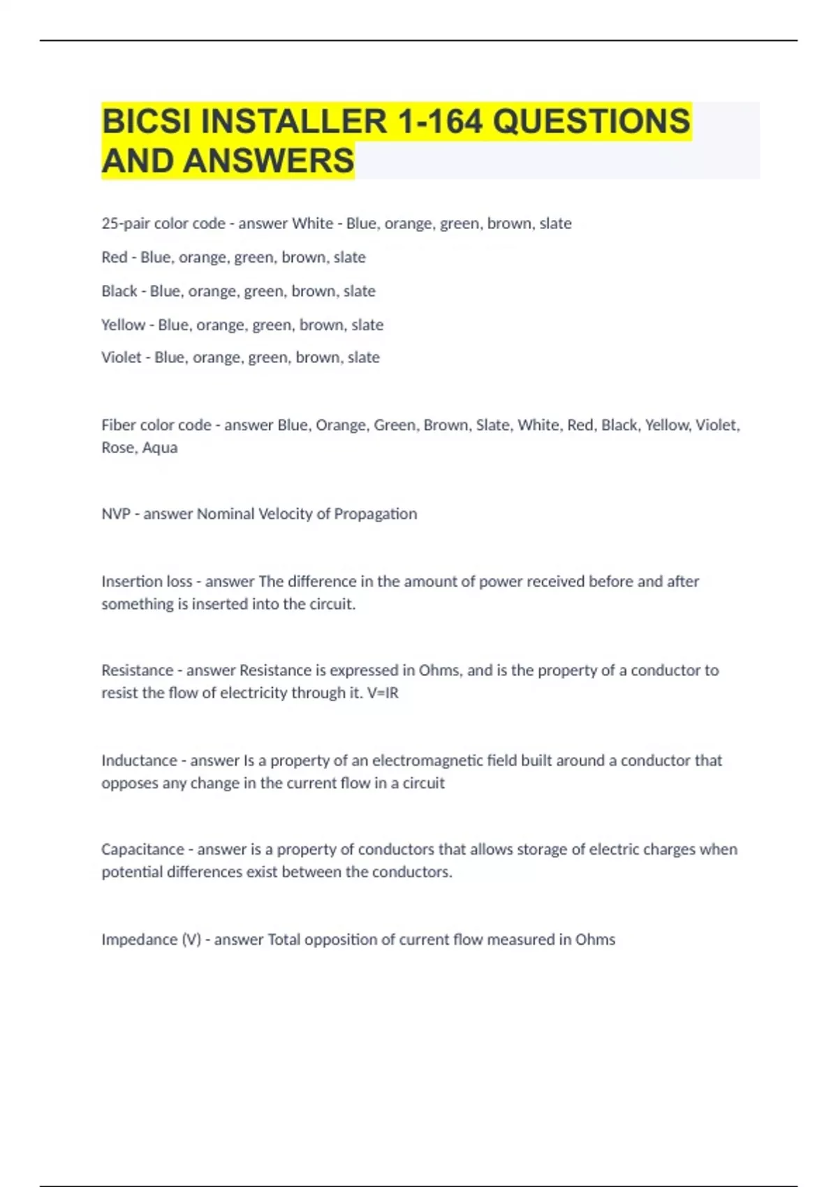 BICSI INSTALLER 1-164 QUESTIONS AND ANSWERS - BICSI IN225: Installer 2 ...