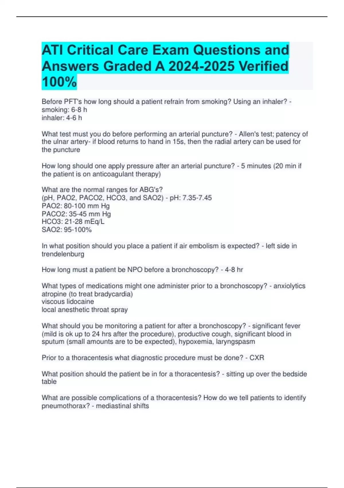 ATI Critical Care Exam Questions and Answers Graded A Verified 100% ...