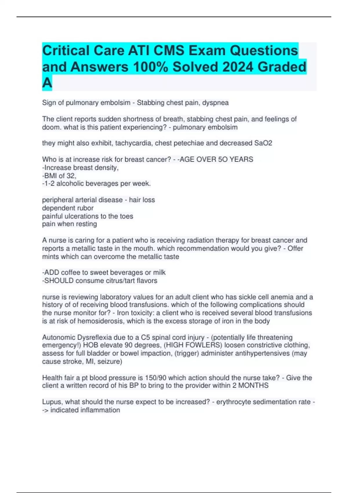 Critical Care ATI CMS Exam Questions and Answers 100% Solved 2024 ...