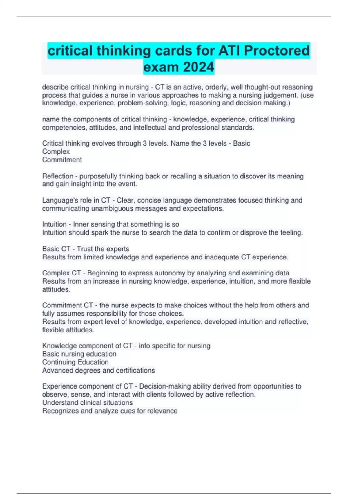 critical thinking cards for ATI Proctored exam 2024 - Critical thinking ...