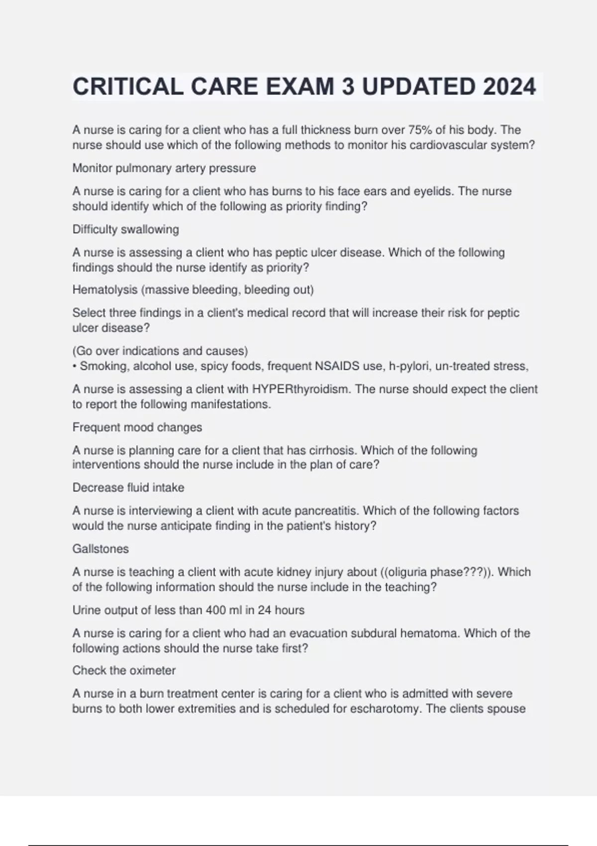 CRITICAL CARE EXAM 3 UPDATED 2024 - CRITICAL CARE. - Stuvia US