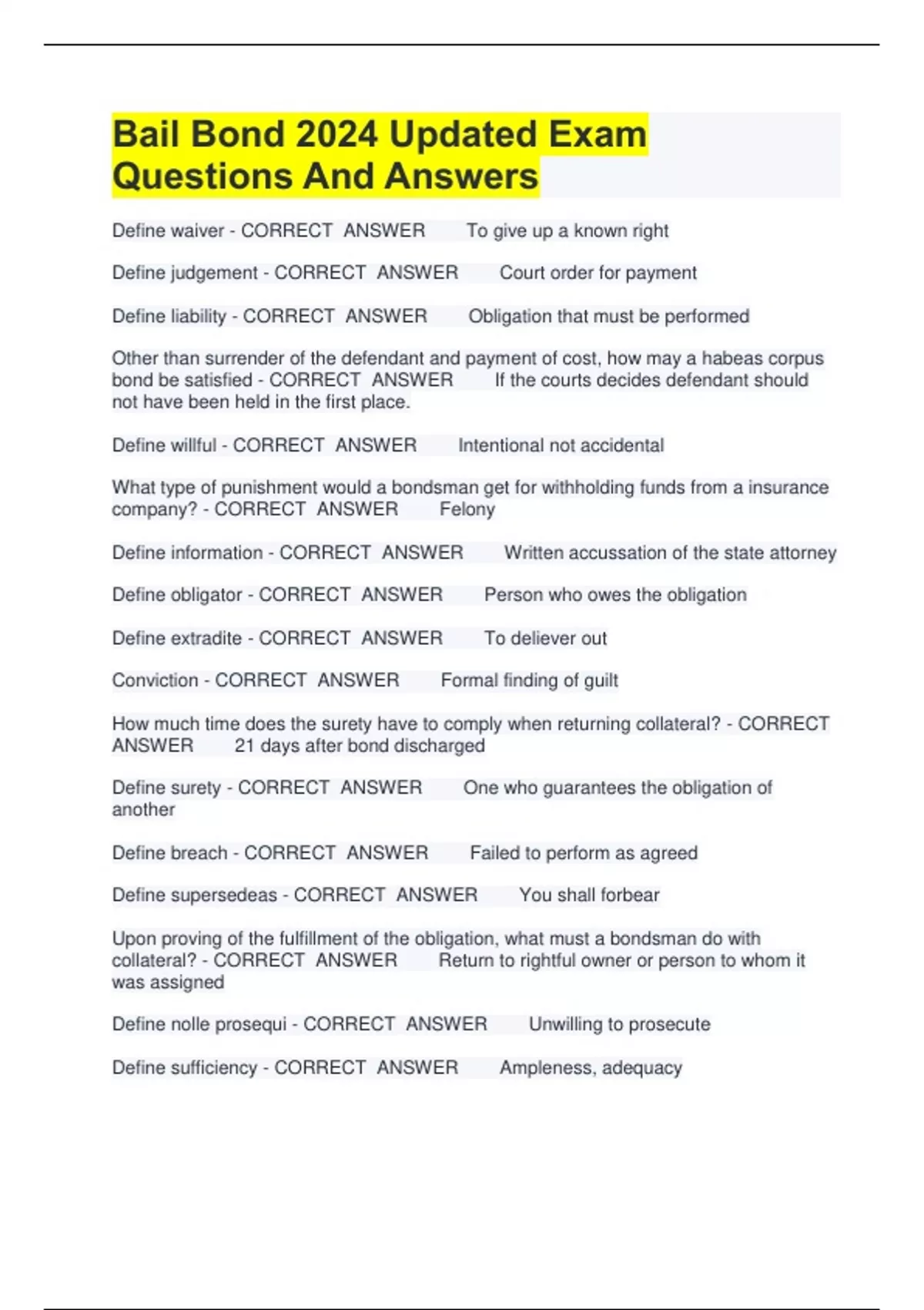 Bail Bond 2024 Updated Exam Questions And Answers - Bail Bond - Stuvia US