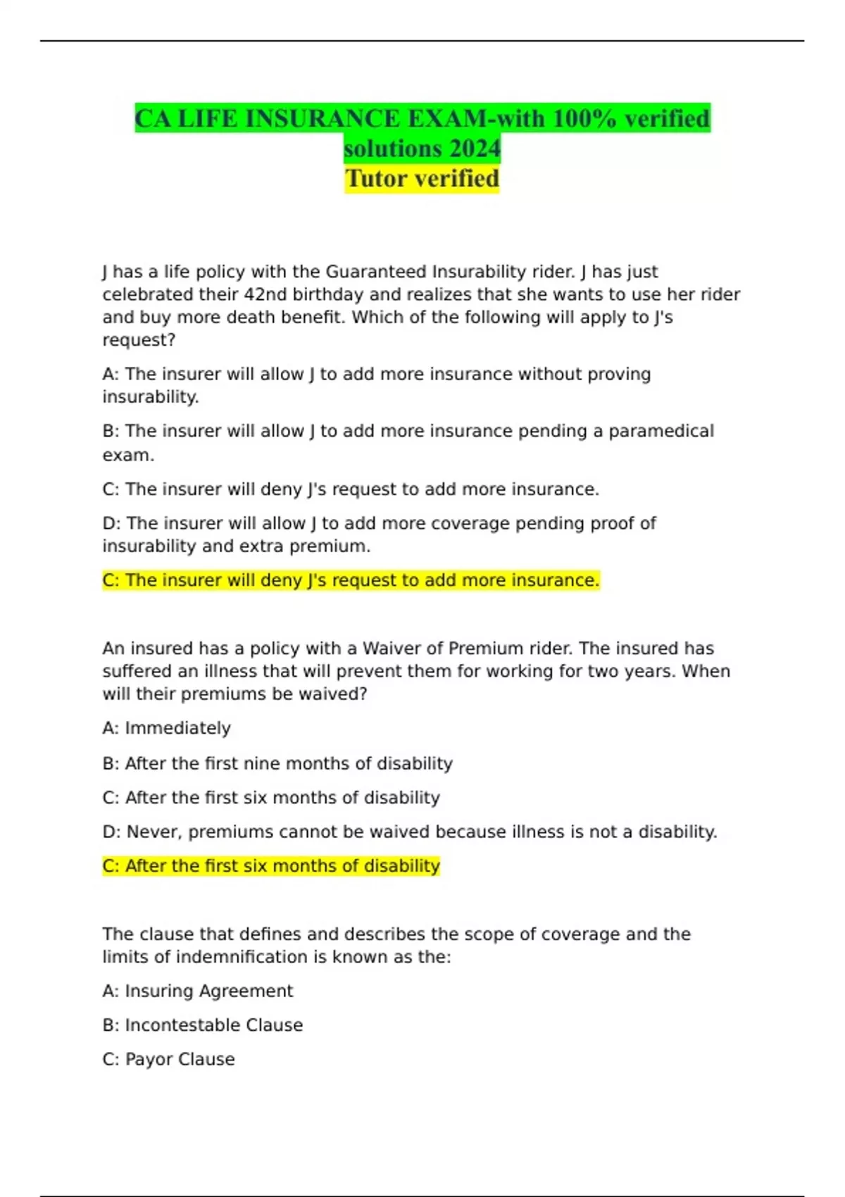 CA LIFE INSURANCE EXAM-with 100% verified solutions 2024 - CA LIFE ...