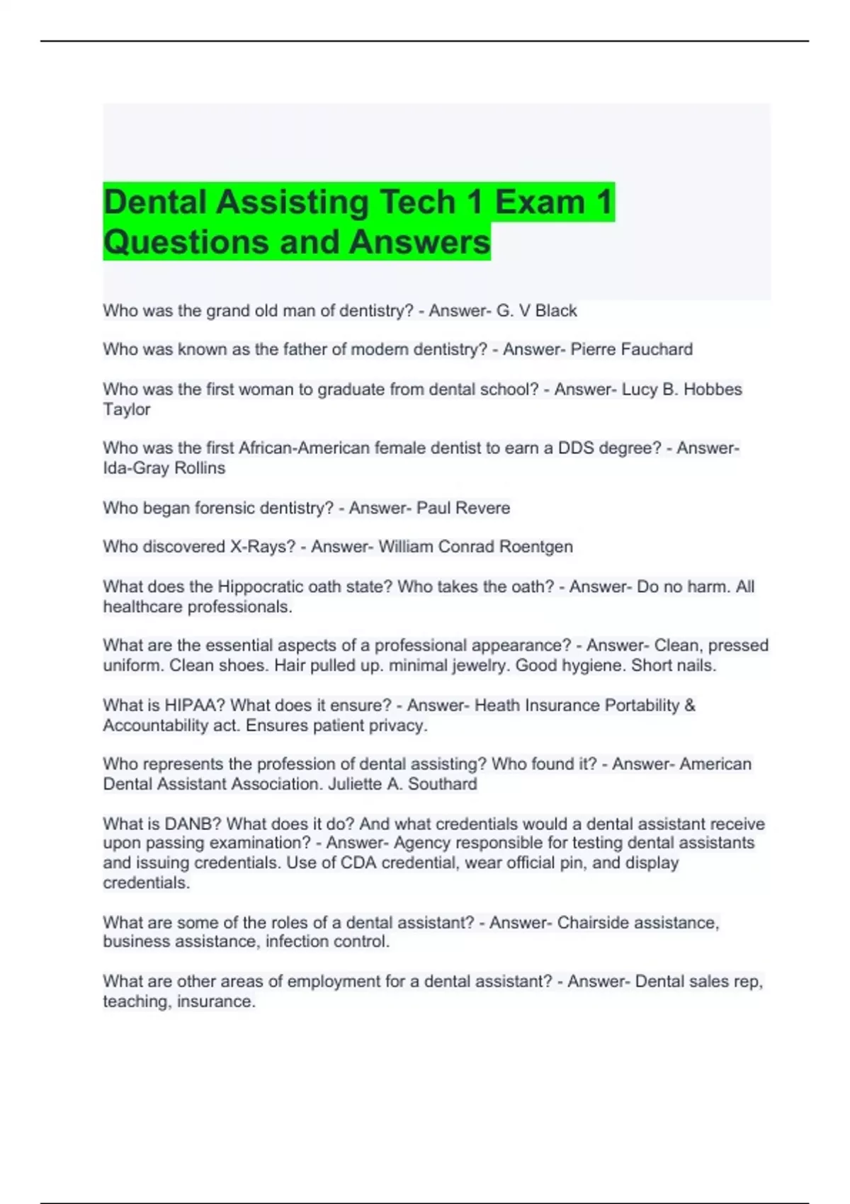 Dental Assisting Tech 1 Exam 1 Questions and Answers 100% correct ...