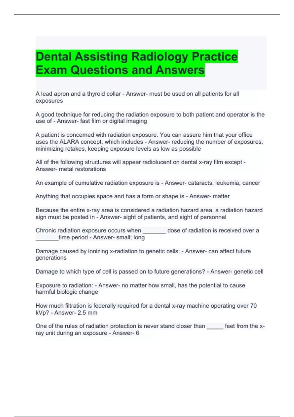 Dental Assisting Radiology Practice Exam Questions and Answers - Dental ...