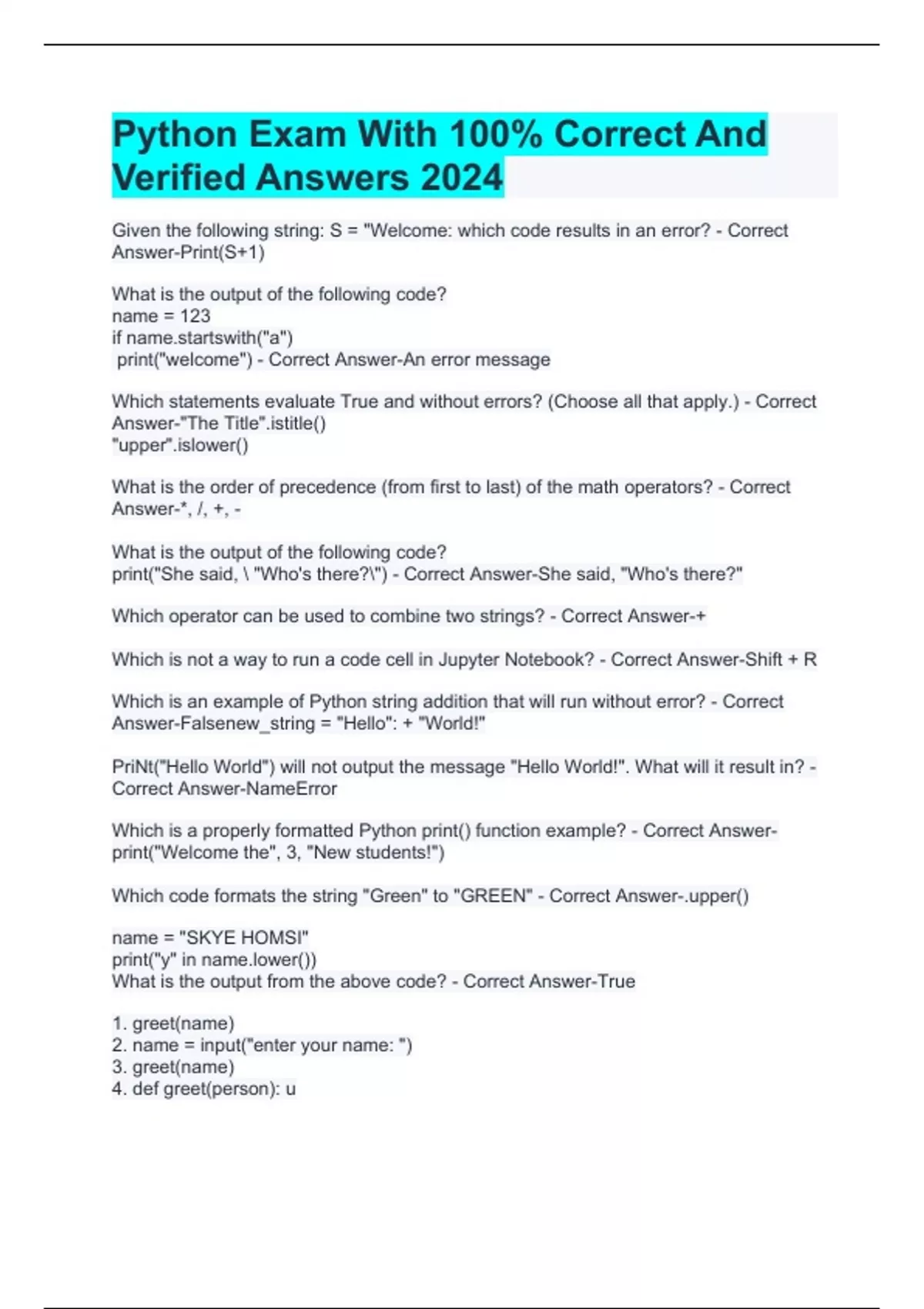 Python Exam With 100% Correct And Verified Answers 2024 - Python - Stuvia US