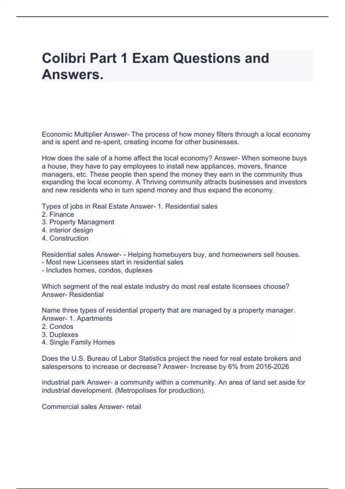 Colibri Part 1 Exam Questions and Answers - Colibri Real Estate - Stuvia US