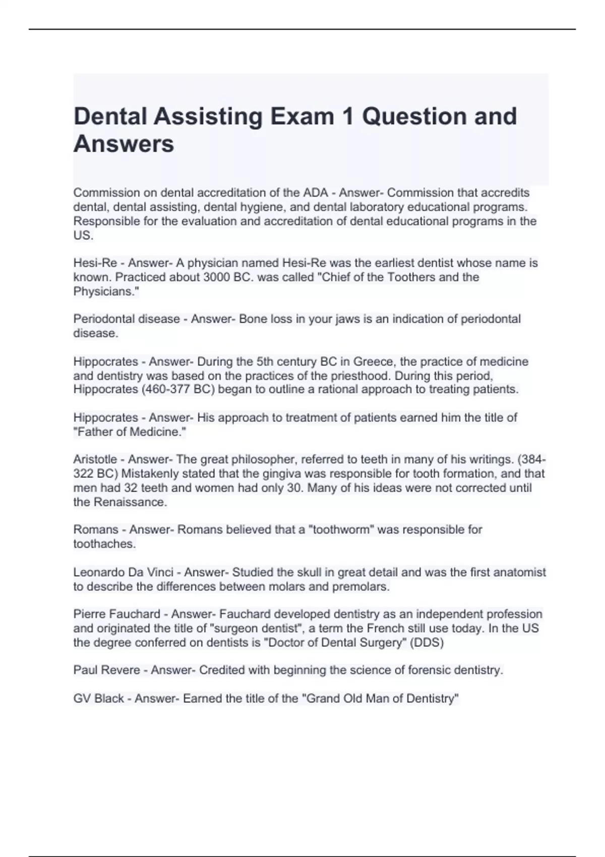 Dental Assisting Exam 1 Question and Answers 2024 - Dental Assistant ...