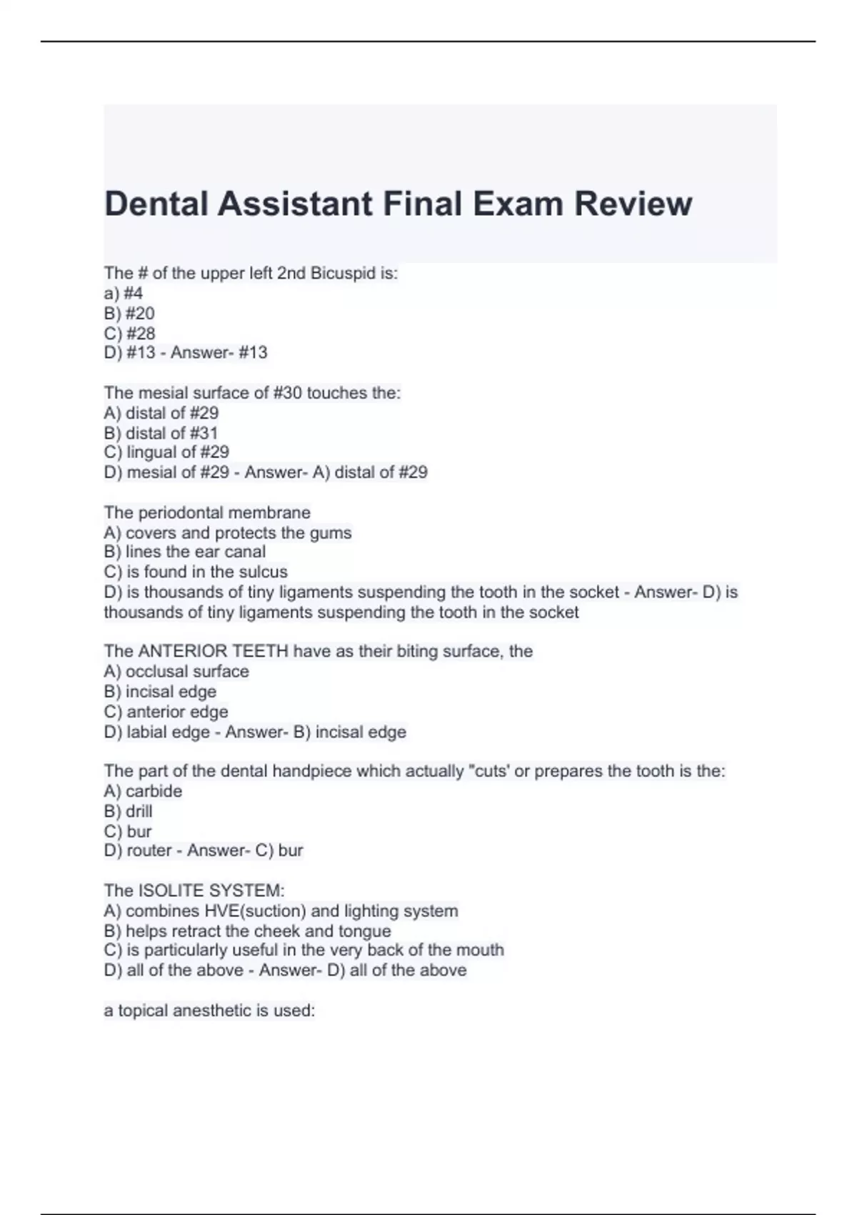 Dental Assistant Final Exam Review 2024 with correct Answers 100% ...