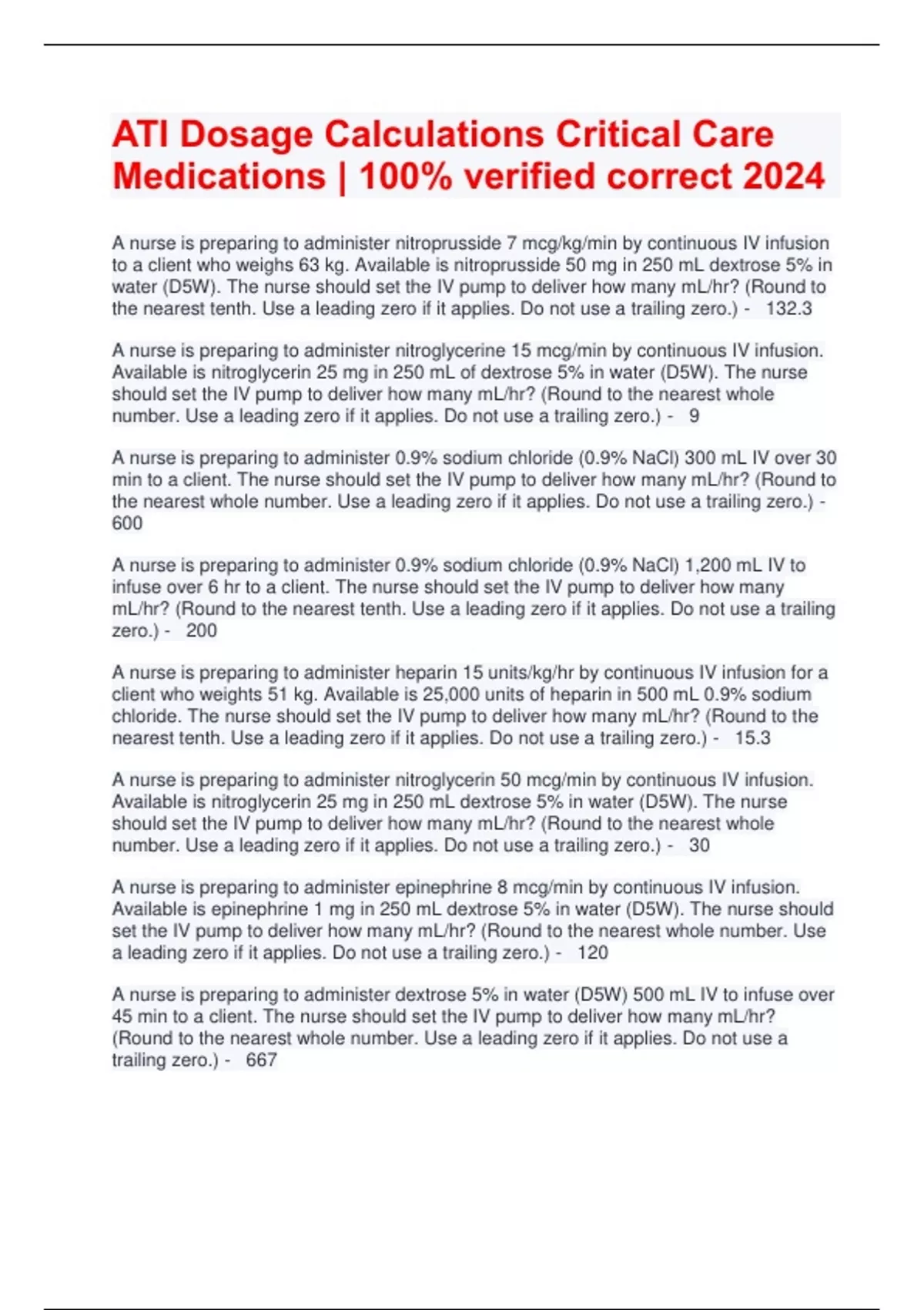 ATI Dosage Calculations Critical Care Medications | 100% verified ...