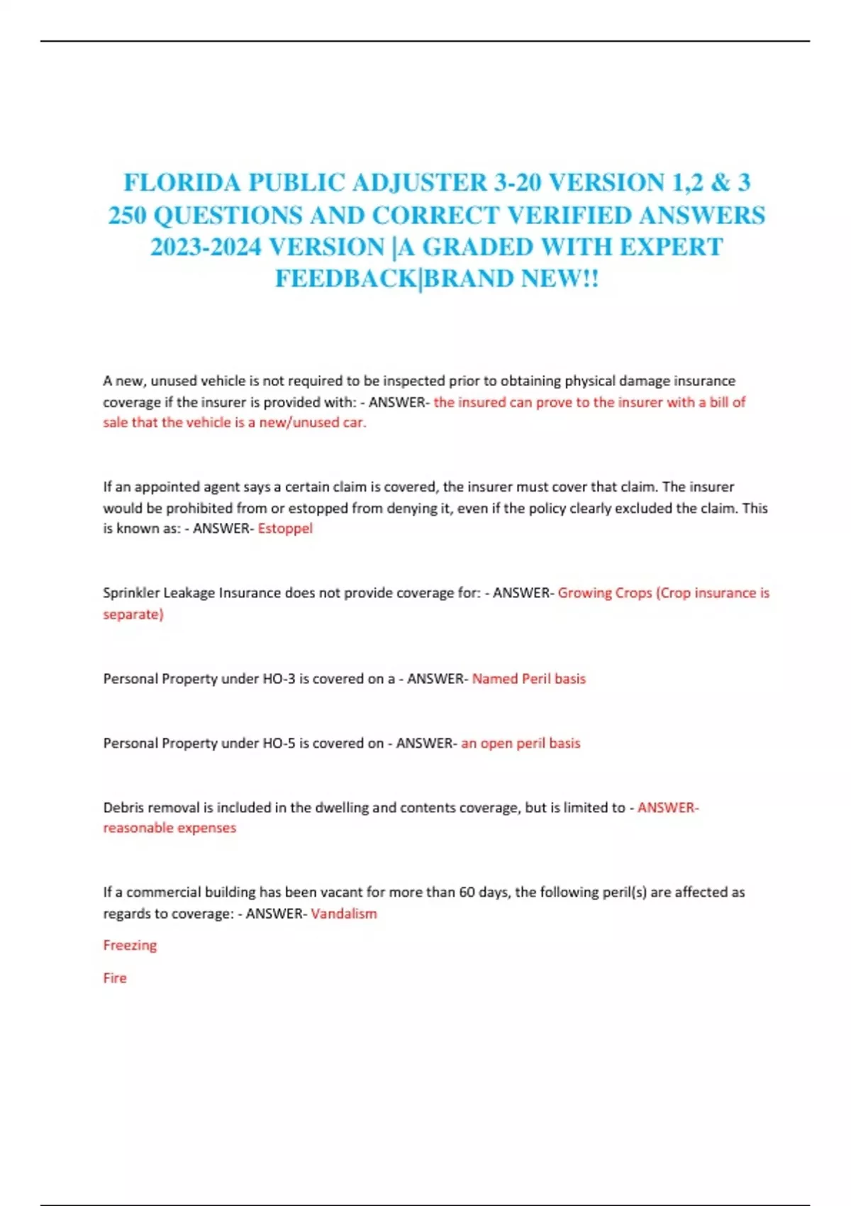 FLORIDA PUBLIC ADJUSTER 3-20 VERSION 1,2 & 3 250 QUESTIONS AND CORRECT ...