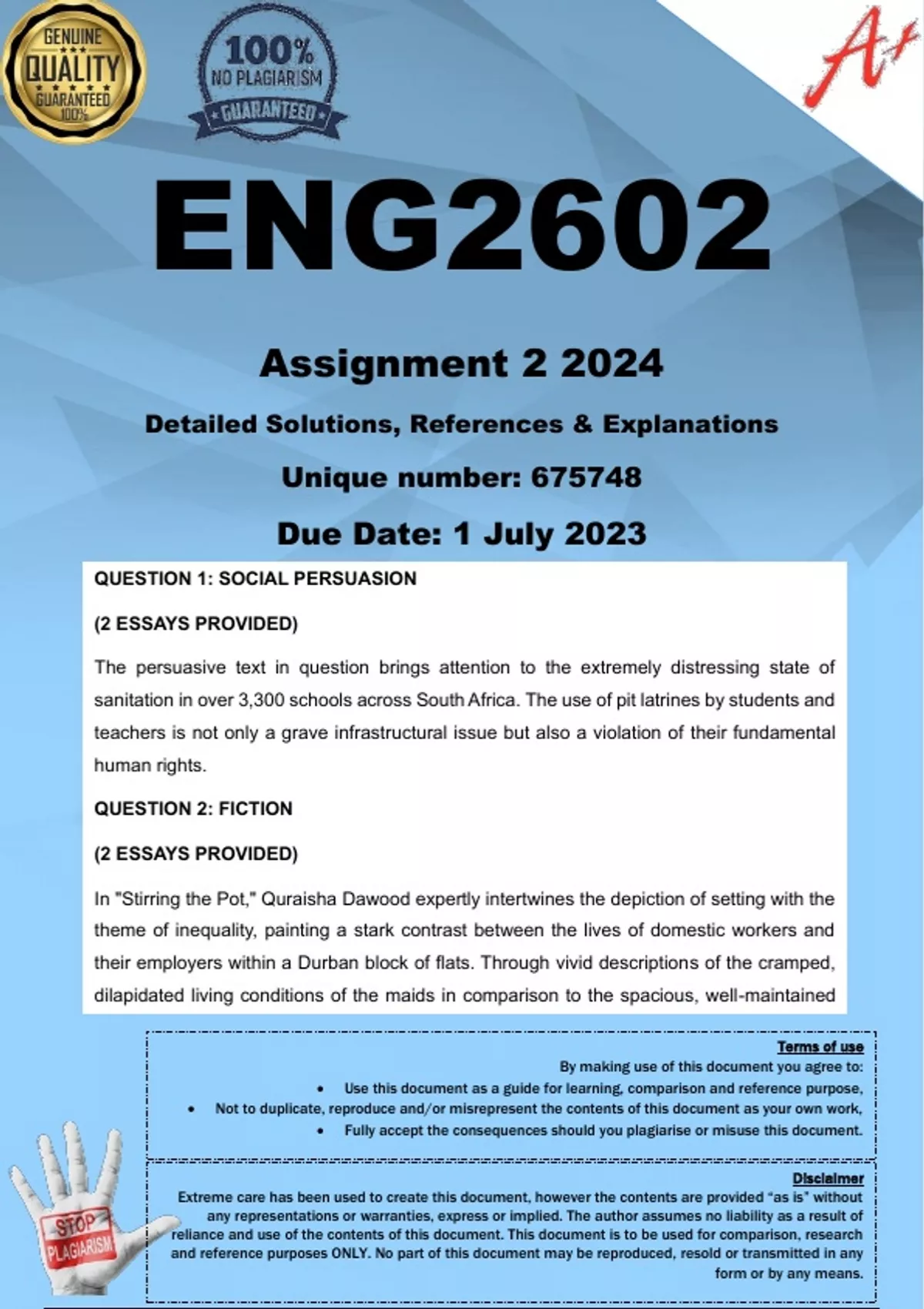 ENG2602 Assignment 2 ( Q1 & Q2 COMPLETE ANSWERS) 2024 (675748) - DUE 1 July 2024 - Theory, Style ...