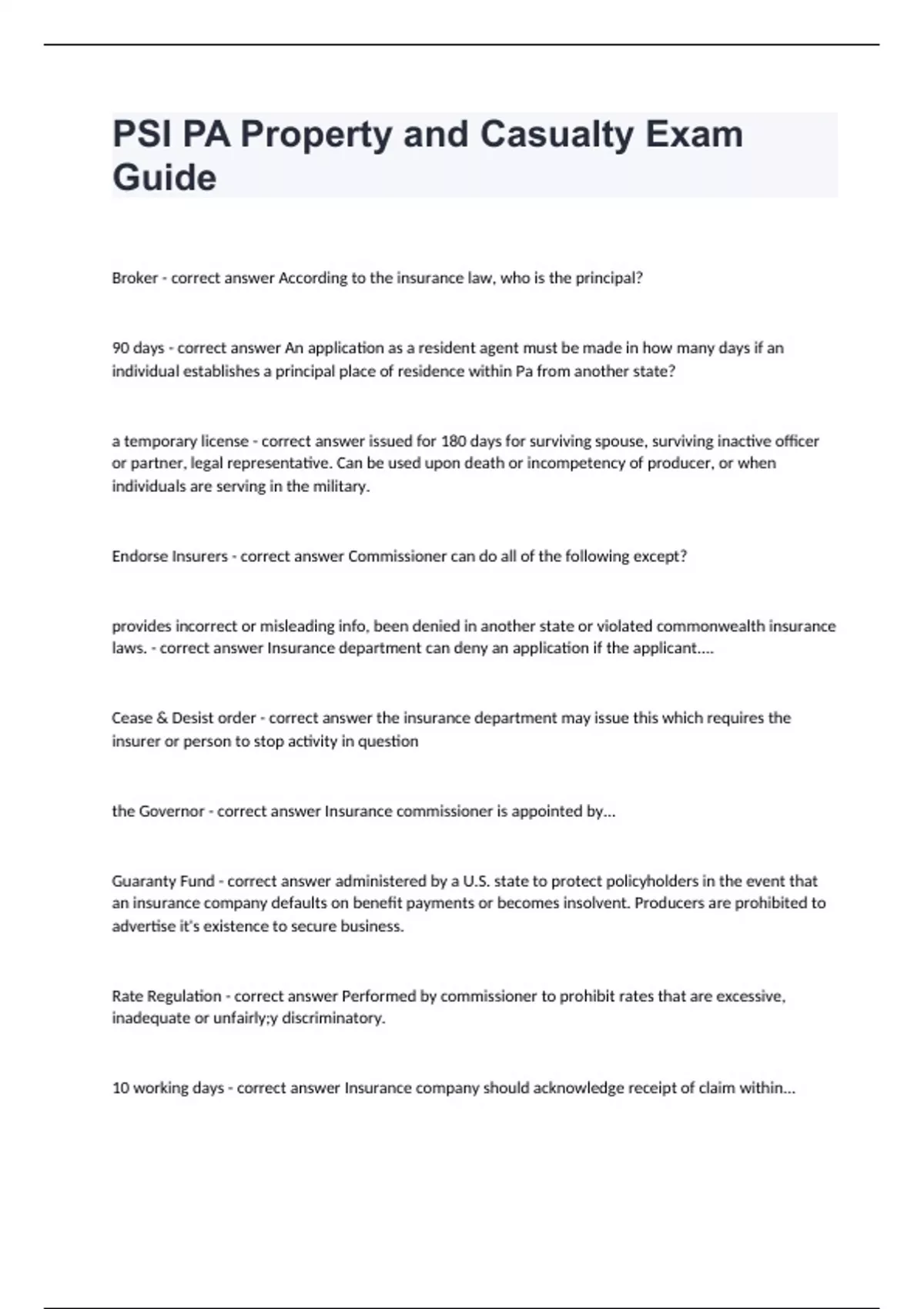 PSI PA Property and Casualty Exam Guide - PSI PA Property and Casualty ...