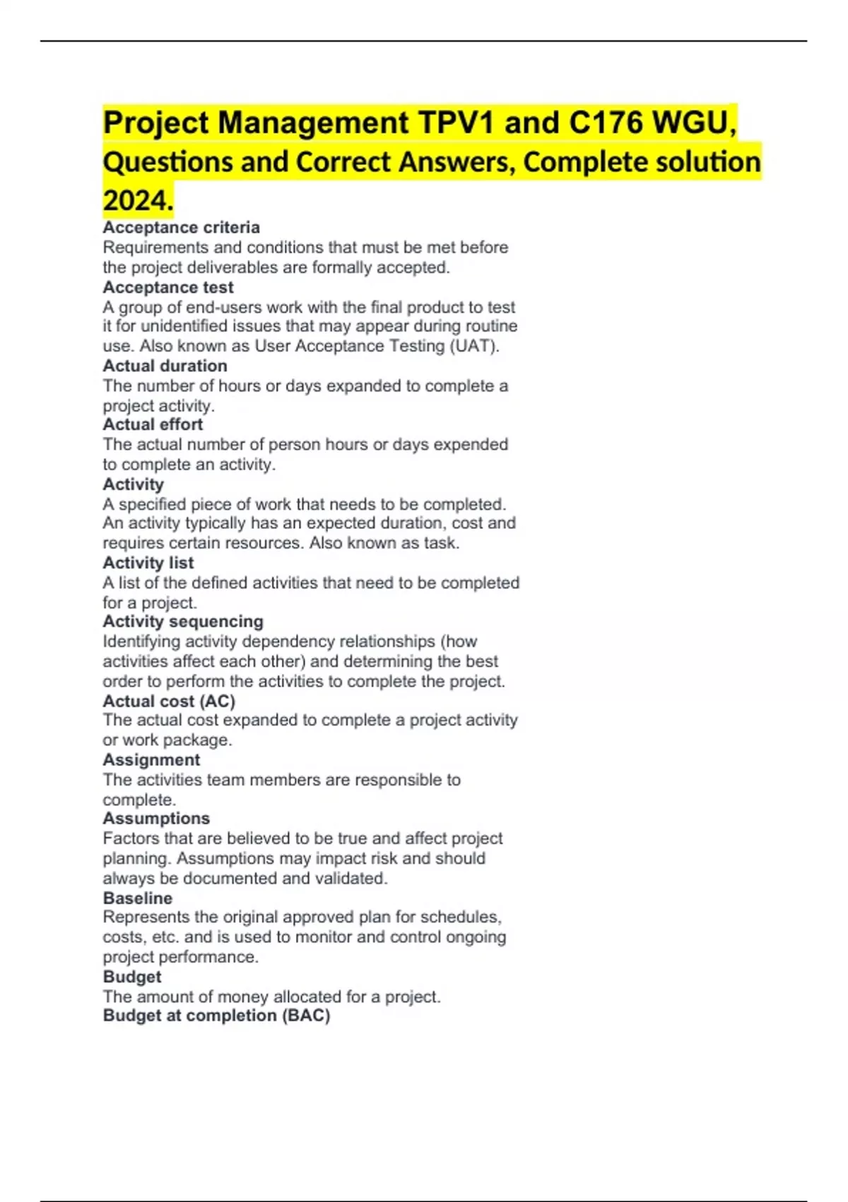 Project Management TPV1 and C176 WGU, Questions and Correct Answers, Complete solution 2024 ...