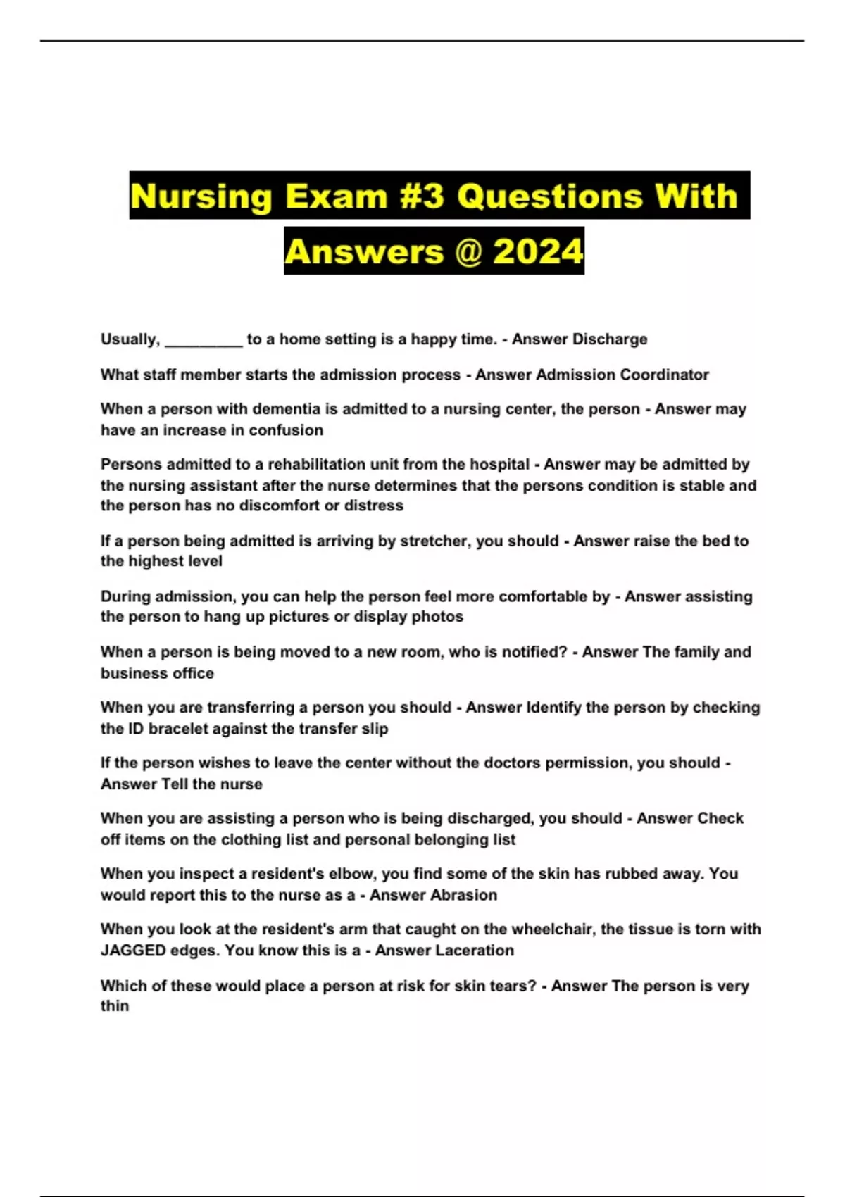 Nursing Exam #3 Questions With Answers @ 2024 - Nursing - Stuvia US