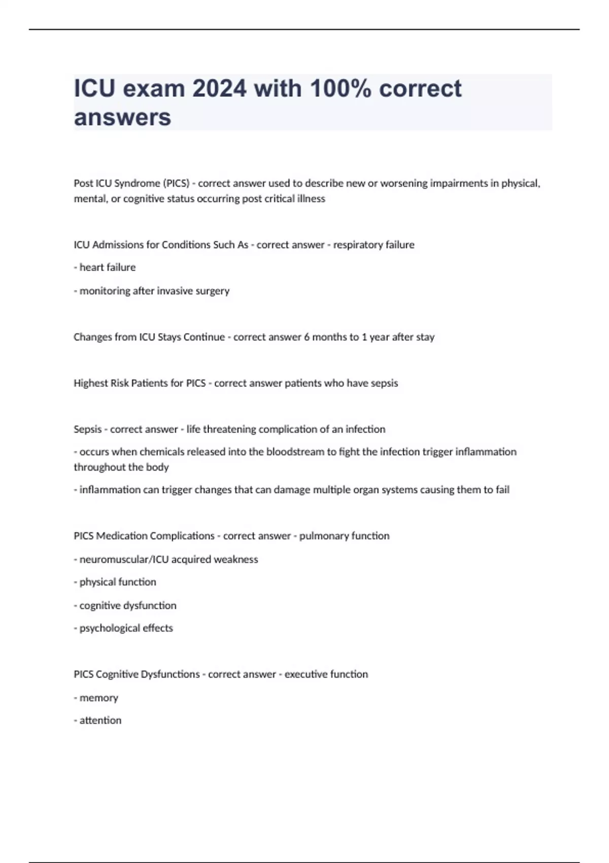 ICU exam 2024 with 100% correct answers - ICU - Stuvia US