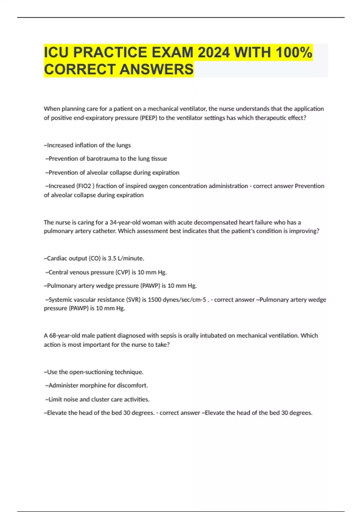 ICU PRACTICE EXAM 2024 WITH 100% CORRECT ANSWERS - ICU - Stuvia US
