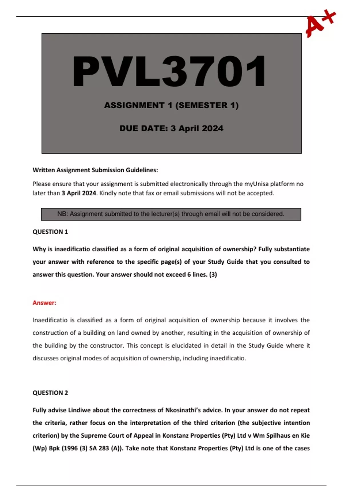 PVL3701 Assignment 1 [Detailed Answers] Semester 1 - Due: 3 April 2024 - PVL3701 - Stuvia SA